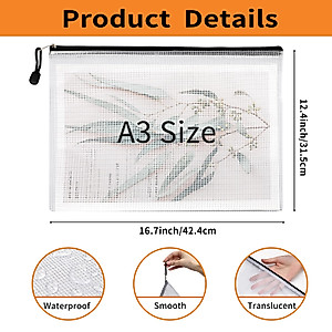 EOOUT 24pcs Mesh Zipper Pouches, A3 Size Waterproof Black Zipper Bags, Water-Resistant Plastic Document Pouch for School Office Supplies, Puzzles & Games Organizing Storage