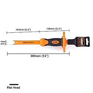 Finder 12-Inch Heavy Duty Flat Chisel with Hand Protection, Flat Head, Demolishing/Masonry/Carving/Concrete Breaker Chisels with Bi-Material Hand Guard