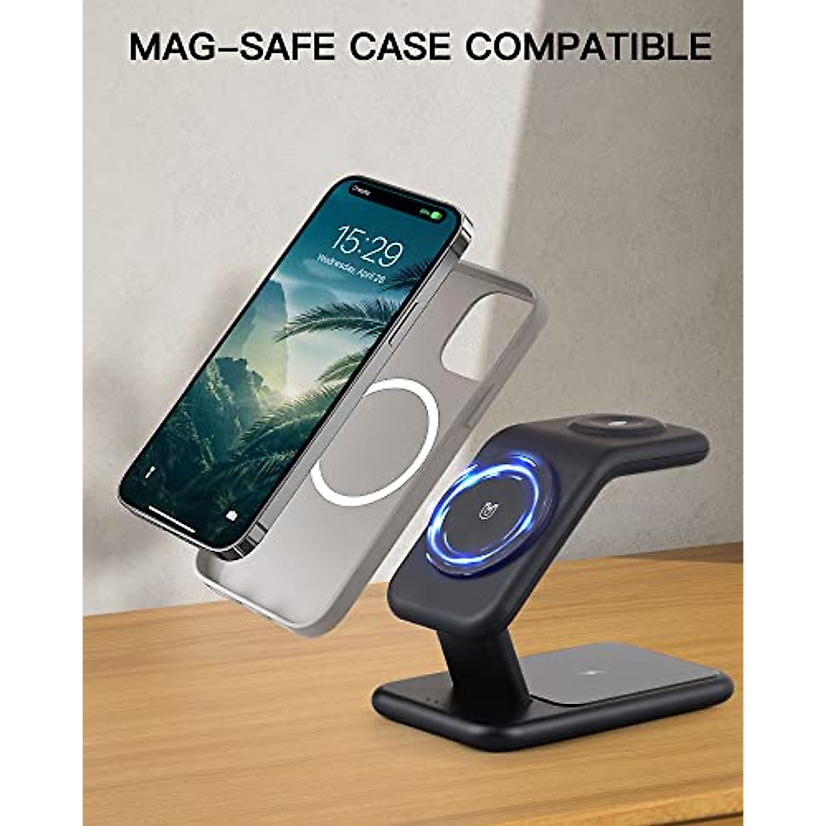 3-in-1 MagSafe Charger Stand, 18W Fast Magnetic Charger for iPhone 14, 13 & 12 Series - Apple Watch & AirPods, Wireless Charging Station for Multiple Devices with Adapter and LED