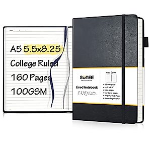 SUNEE A5 College Ruled Lined Journal Notebook with 160 Pages 5.5x8.25 Inches 100GSM Writing Paper, Hardcover Journal with Black Vegan Leather Cover, Pen Loop and Numbered Sheets