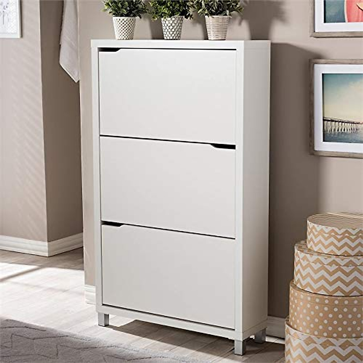 BOWERY HILL Modern 3 Shelf Shoe Storage Cabinet in White