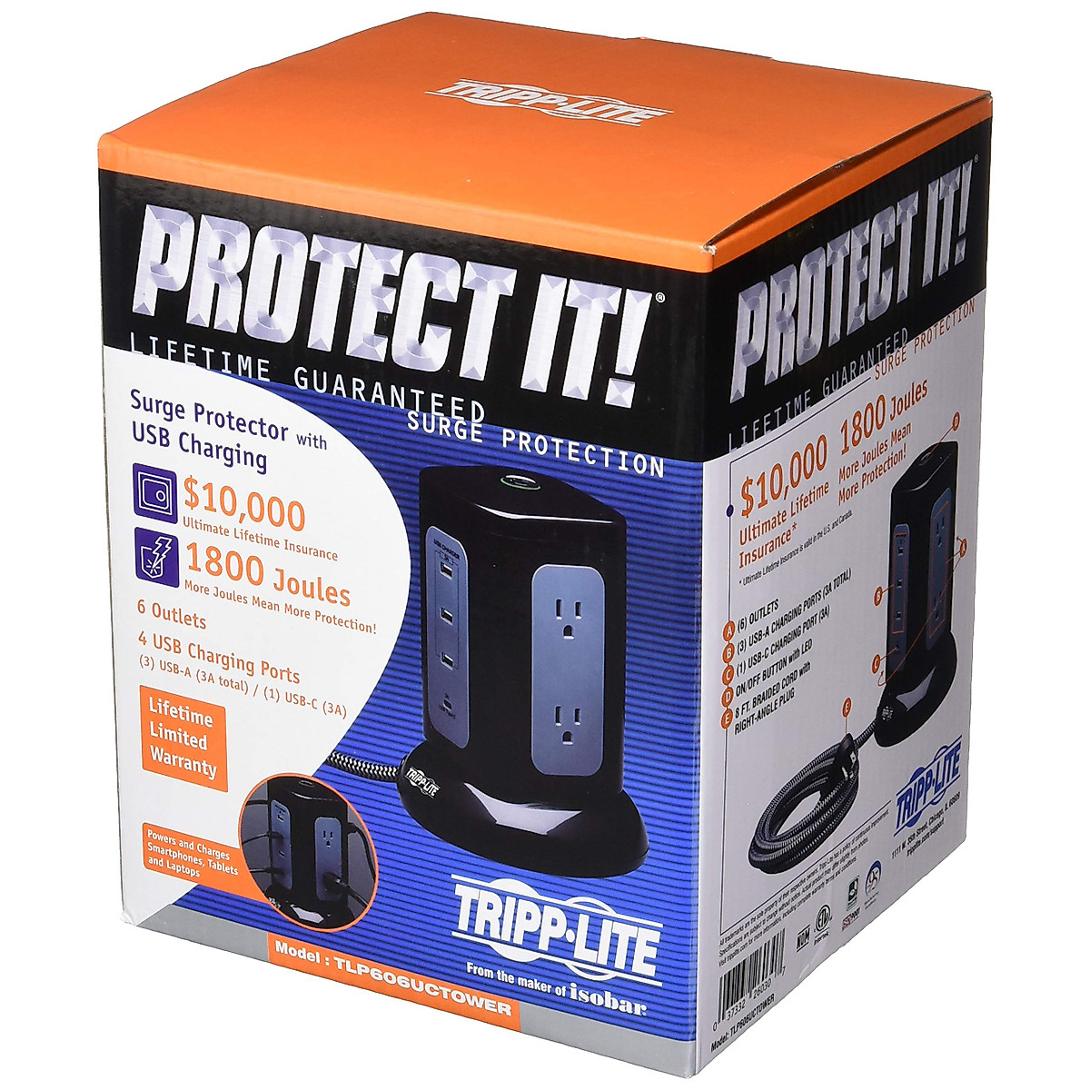 Tripp Lite Surge Protector Tower 6-Outlet 3X USB-A 1x USB C 8ft Cord Black (TLP606UCTOWER)