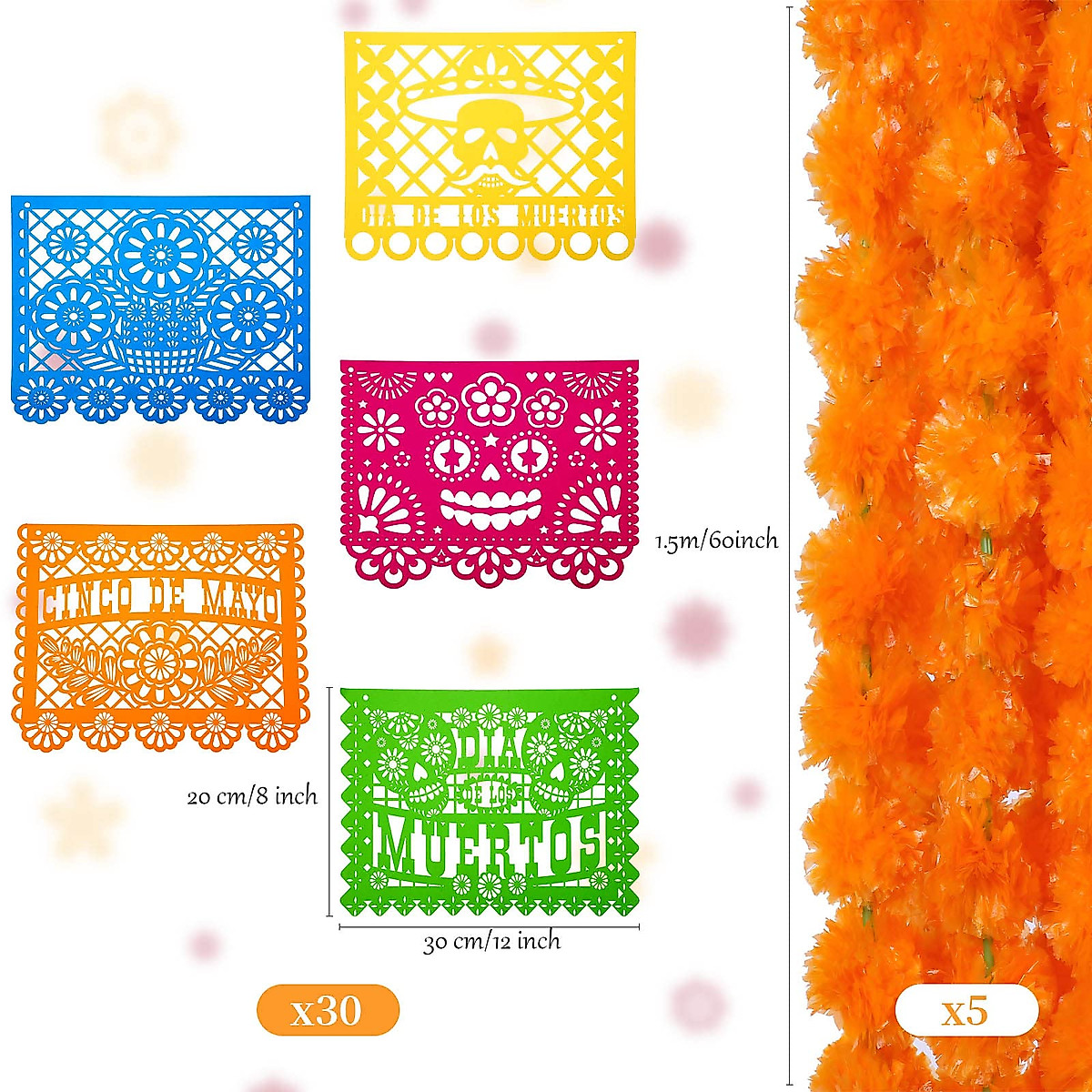 Cindeer 35 Pack Day of The Dead Decoration Mexican Party Banners Include 30 Pack Papel Picado Banner Fiesta Hanging Flags 5 Pcs 5 Feet Marigold Garland Flowers Fiesta Dia De Los Muertos Decor