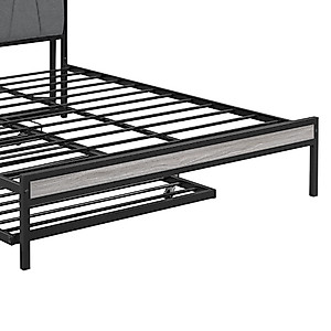 Anwick Metal Platform Bed Frame with Twin Size Trundle, Upholstered headboard, Sockets, USB Ports and Slat Support, No Box Spring Needed