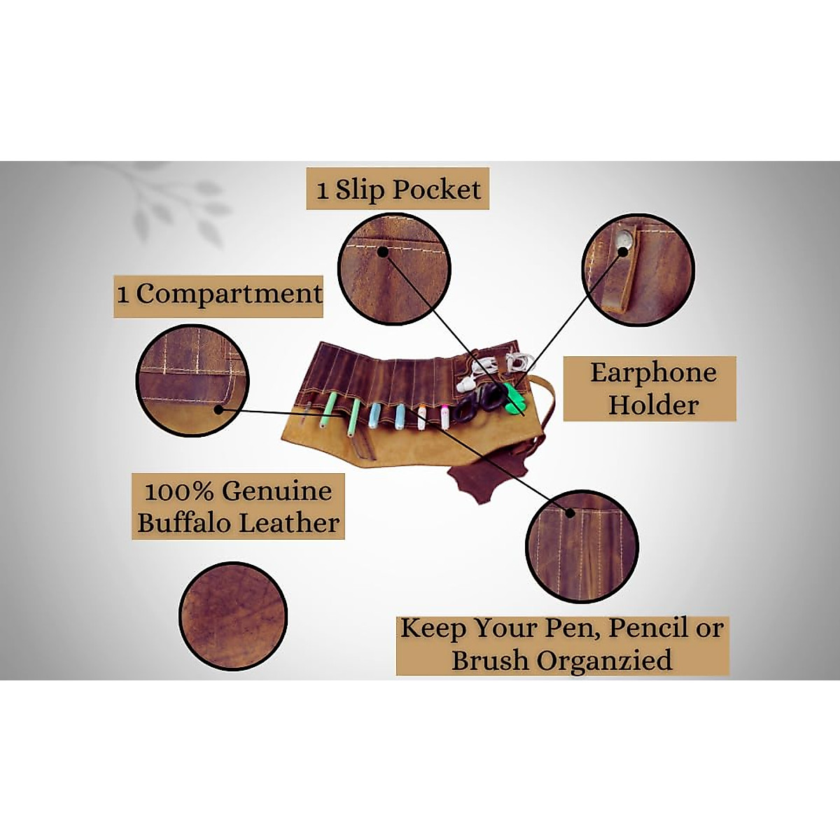 Madosh, Pencil Roll-Up Case,Genuine Leather Pen Holder,Paint Brush Pouch,Handcrafted Marker Organizer