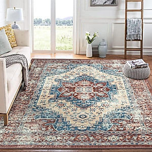 COZYLOOM Vintage Medallion Area Rug 9x12 Large Floral Rug Ultra Soft Non-Slip Floor Cover Boho Low Pile Foldable Rug Washable Thin Rug for Bedroom Living Room Dining Room Home Office Brick Red
