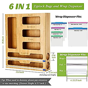 Plastic Wrap Dispenser with Cutter - 6 IN 1 Bamboo Organizer - Ziplock Bag organizer, Kitchen Drawer Foil and Plastic Wrap Organizer for Gallon, Quart, Sandwich & Snack Bag