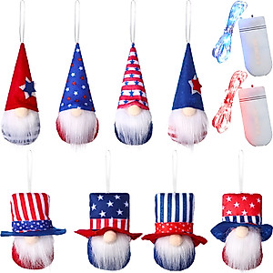 8 Pieces Patriotic 4th of July Gnome Ornaments American Independence Day Decorative Plush Dolls USA Classic Hanging Gnome with 6.6 Feet LED Light Chains for Home Garden Decoration, 8 Styles