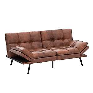 Anwick Convertible Memory Foam Futon Couch Bed, Leather Futon Sofa Bed, Folding Modern Sleeper Sofa with Quick Adjustable Armrest and Backrest for Studio Apartment/Home Office/Small Space (Brown)