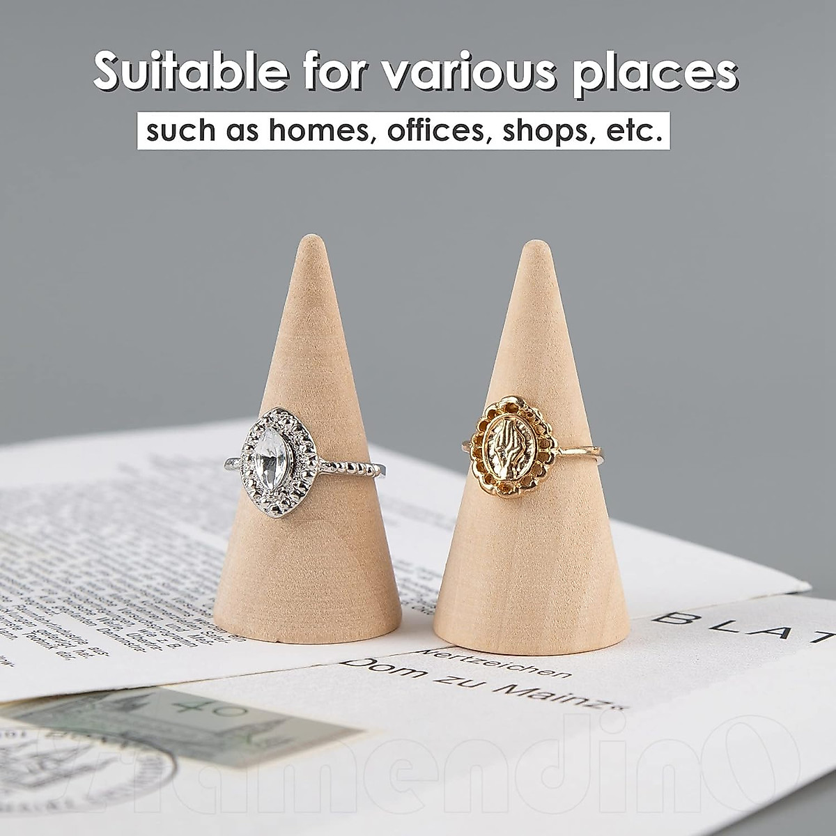 Framendino, 10 Pack Natural Wood Cone Ring Holder Finger Jewelry Display Stand Organizer DIY Craft Wooden (Vertical Shaped)