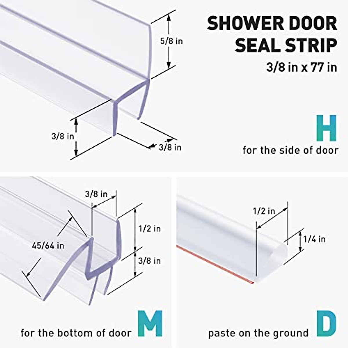 Shower Door Seal Set - 4 PCS 3/8" x 77" Frameless Shower Door Bottom Seal and Side Seal for 3/8 Inch Glass,Glass Shower Door Seal Strip Door Sweep,Stop Shower Leaks and Create a Water Barrier