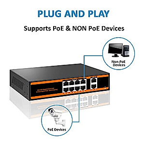 Unmanaged 8 Port Gigabit PoE+ Switch with 2 Gigabit Uplink,802.3af/at Compliant,150W Built-in Power, Metal Plug and Play