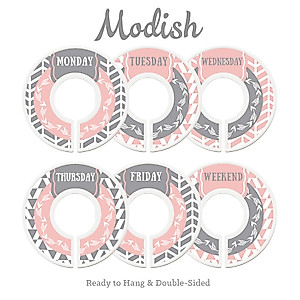 Modish Labels, Weekly Clothes Organizer, Days of the Week Closet Organizer System, Daily Closet Organizer, Closet Dividers, School Clothes Dividers (Pink Arrows)
