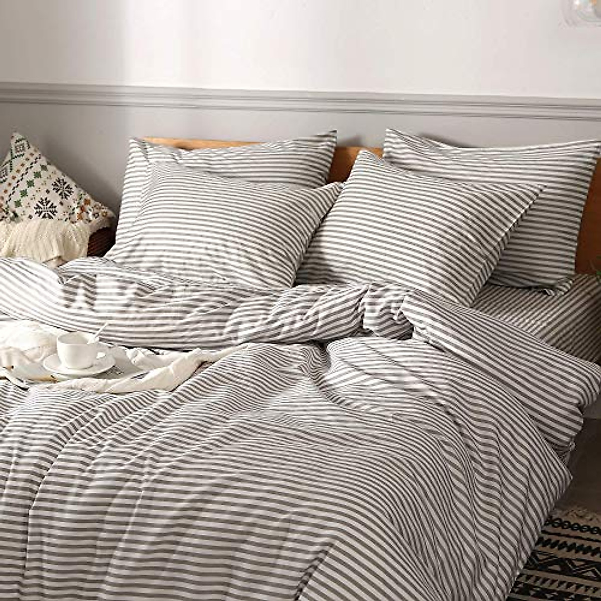 JELLYMONI 100% Natural Cotton 2pcs Striped Duvet Cover Sets,White with Grey Stripes Pattern Printed Comforter with Zipper Closure & Corner Ties(Twin Size)