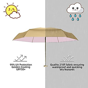 ESUFEIR Mini Travel Sun Umbrella for Purse,Small Compact UV Umbrella UV Blocker,Lightweight Portable Umbrella for Sun and Rain,Cute Parasol Umbrella UV Protection for Women Men Kids (Golden & Pink)