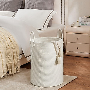 White Woven Rope Laundry Basket by TECHMILLY, 58L Baby Nursery Hamper for Clothes Blanket Storage, Large Tall Laundry Hamper for College Dorm, Bedroom, Living Room