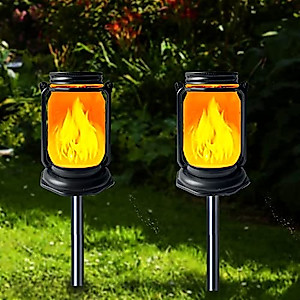 Solar Garden Lantern Light Mason Jar Torch Lights Hanging or Stick in Lawn for Outdoor Patio Garden Table Decor Gift-2 Pack