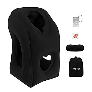 SAHEYER Inflatable Travel Pillow, Inflatable Neck Pillow for Airplane Travel Essentials and Office Nap, with 3D Eye Mask, Earplugs, Luggage Tag Initial & Portable Drawstring Bag (Black)