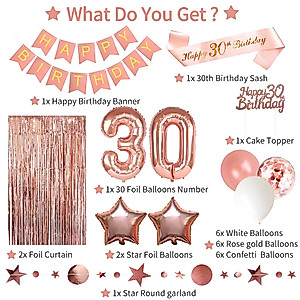 30th Birthday Decorations for Her, Happy Birthday Banner 30 Balloon Numbers Happy Birthday Cake Topper Rose Gold Curtain 30th Birthday Sash Anniversary Decorations Birthday Backdrop