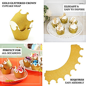 TABLECLOTHSFACTORY 25 Pack | Gold Glitter Crown Paper Cupcake Wrappers, Muffin Paper Cup Liners