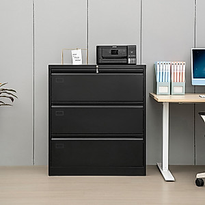 3 Drawer Filing Cabinet, Black Lateral File Cabinet with Lock, Lockable Metal File Cabinet for Home Office, Office File Cabinets for Legal/Letter/A4/F4 Size with Hanging Files&Key (Black(3 Drawer))