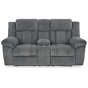 Signature Design by Ashley Tip-Off Modern Wall Hugger Power Reclining Loveseat with Adjustable Headrest, USB Ports, Storage and Cup Holders, Gray