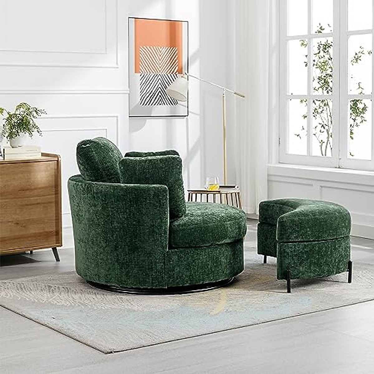 360° Swivel Accent Barrel Chair and Half Crescent Moon Storage Bench Large Ottoman with 4 Pillows,Upholstered Oversized Leisure Round Loveseat Recliner Sofa Chaise Lounge Circle Armchair for Club