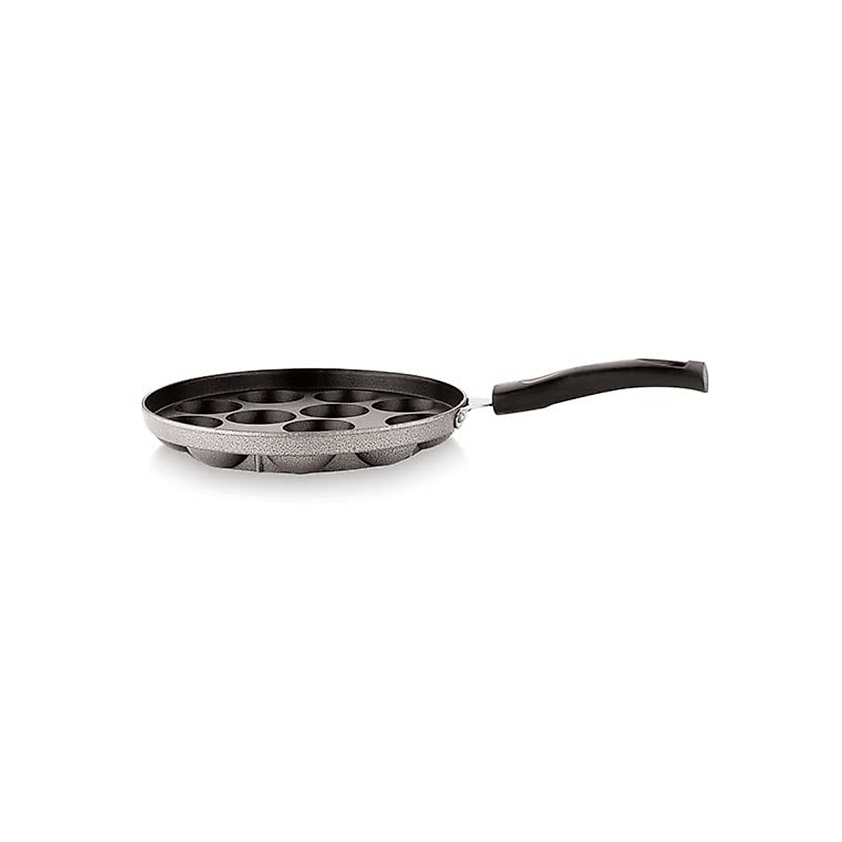 Non Stick Aluminium Appam Pan 12 Cavity With Handel and Stainless Steel Lid - Blak and Silver
