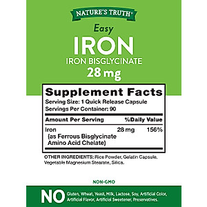 Easy Iron Supplement 28 mg | 90 Capsules | Iron Bisglycinate | Non-GMO, Gluten Free | by Nature's Truth