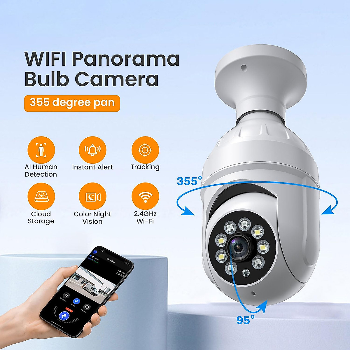 EKEN 1080p Light Bulb Security Camera, 355 Degree Pan/Tilt Panoramic IP Camera, Home Surveillance Cameras System, Human Detection, Alarm, Two-Way Audio, Night Vision, 2.4G WiFi, Pet Monitor