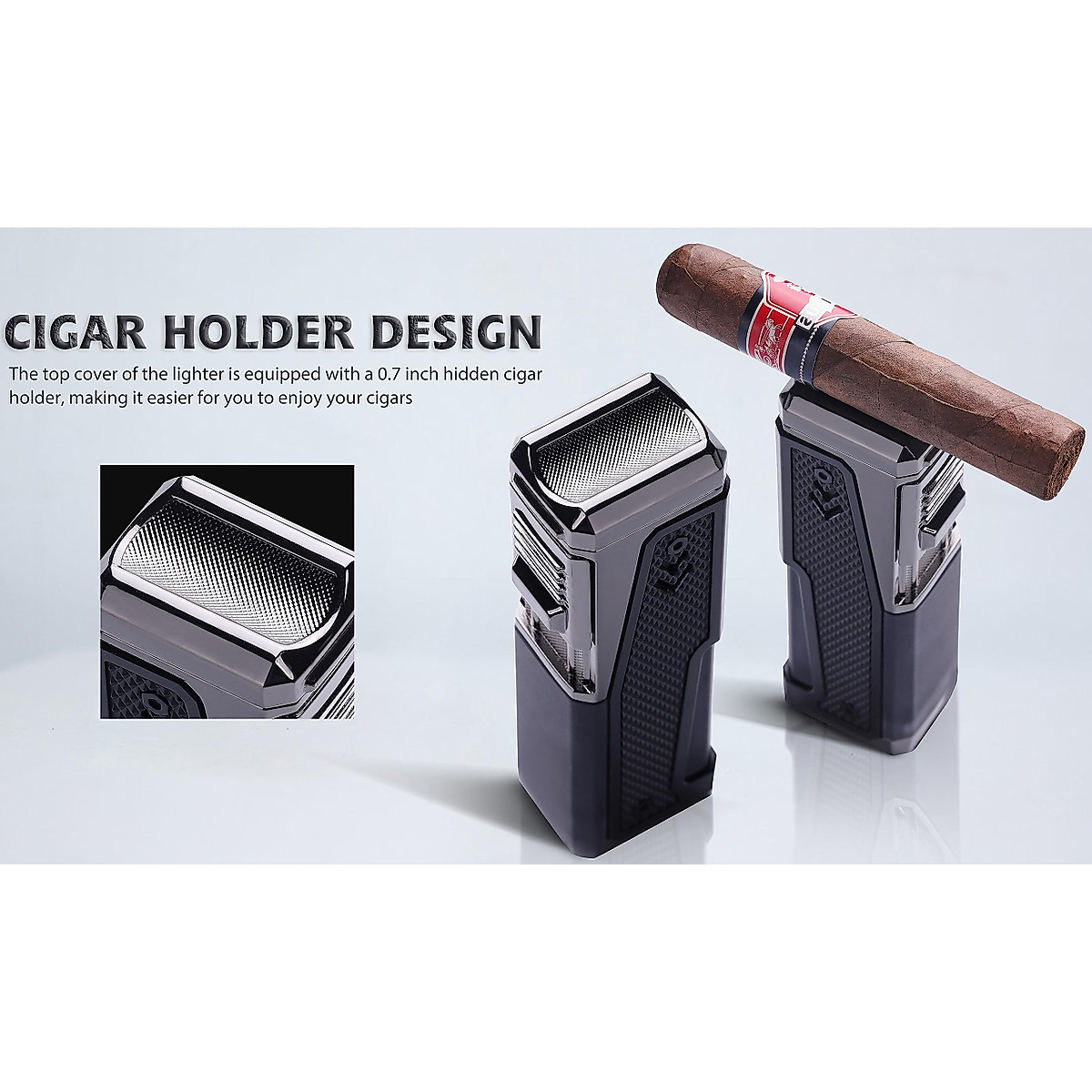 TOMOLO Torch Lighter Cigar Lighter Quadruple Flame Butane Refillable Lighter with Cigar Holder, Cigar Punch Built in, 2 Pack (Gas Not Included) (Black)