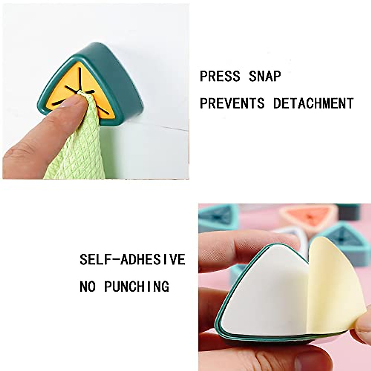 PJMNYFR 4 Pack Kitchen Towel Hooks+1Pack Sponge Cleaning Brush, Self Adhesive Wall Mount Push in Hook, Rag Dish Cloths Holders for Home Cabinet Bathroom, Blue,Green,White, 1.97IN×1.97IN×0.87IN