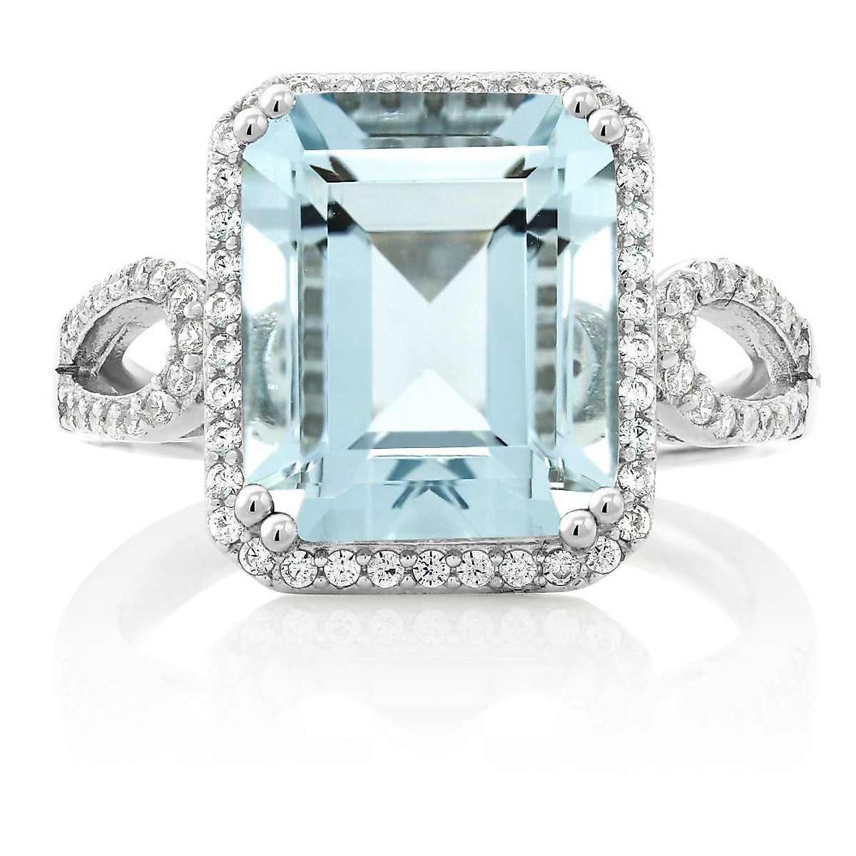 Gem Stone King 925 Sterling Silver Simulated Aquamarine Ring For Women (5.00 Cttw, Emerald Cut 12X10MM, Available In Size 5,6,7,8,9)