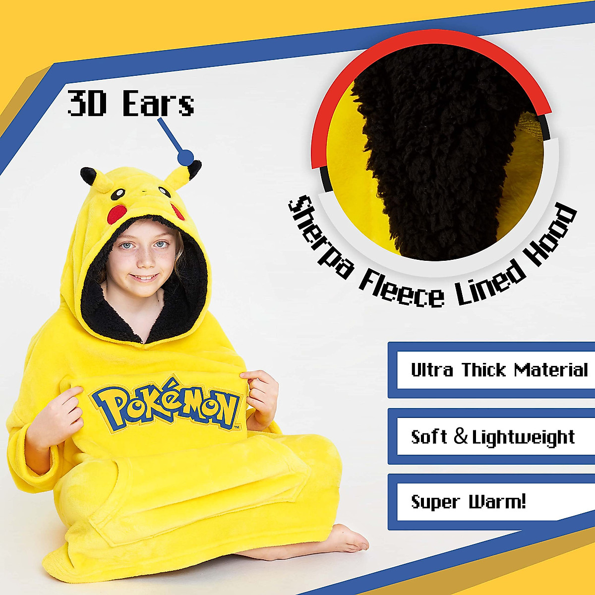 Pokemon Boys Oversized Hoodie with Sherpa-Lined Hood - Blanket Hoodies for Kids (Yellow/Black Pikachu)