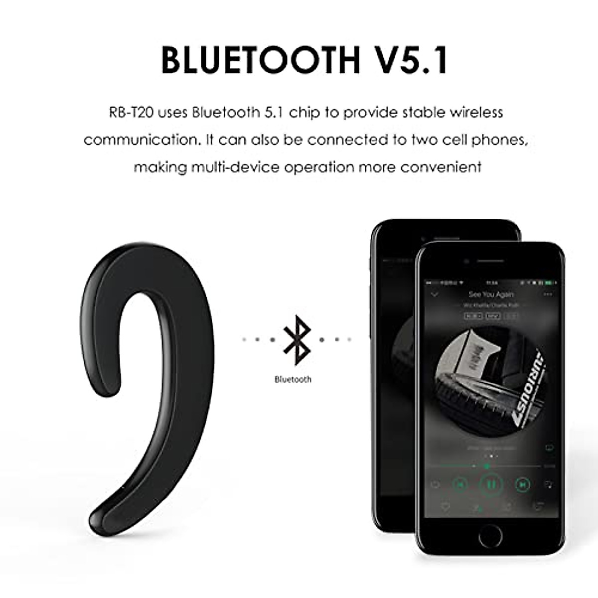 Open Air Ear Bone Conduction Headphones Wireless Single Earbud with Earhooks Bone Conducting Earphones Gym Sport Running Workout Ear Bud Comfortable Bluetooth Earpiece for Small Ear Canals Black