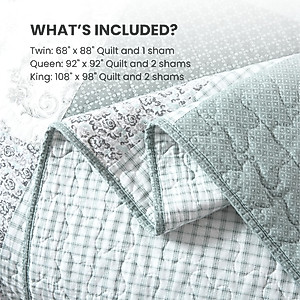 Soul & Lane Memory Lane 3-Piece Cotton Quilt Set - Queen Size with 2 Shams, Sage Green Patchwork Quilted Comforter, Lightweight Country Pieced Bedspread, Neutral Modern Farmhouse Bedding