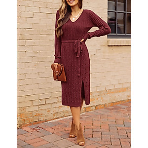 MEROKEETY Women's Long Sleeve V Neck Cable Knit Belted Bodycon Slit Sweater Dress for Party,Burgundy,S