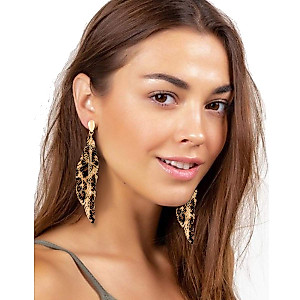 NVENF Feather Tassel Dangle Earrings for Women Bohemian Faux Leather Plume Gold-tone Metal Chain Fringe Statement Drop Earrings Vintage Ethnic Style Jewelry (Leopard)