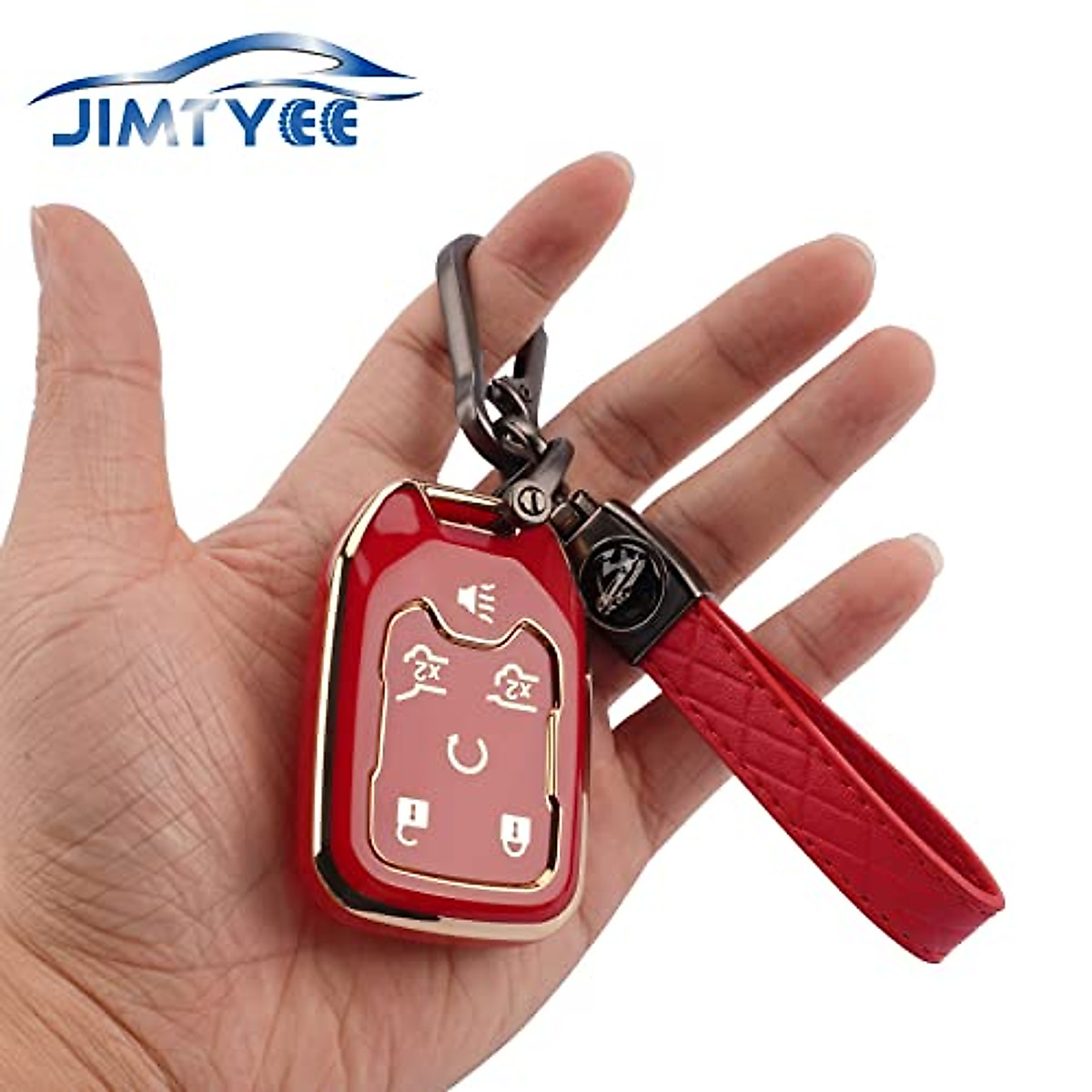 Jimtyee for GMC Key Fob Cover with Leather Lanyard Keychain Key Fob Case Shell Protection for Chevy Silverado Tahoe Suburban GMC Sierra Yukon Smart Remote Key Protector(Red)