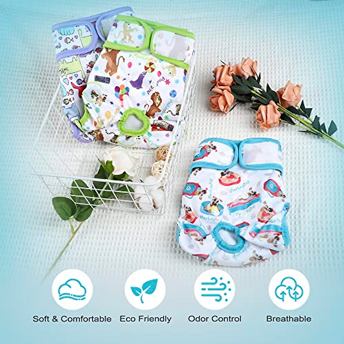 Paw Legend Washable Reusable Female Dog Diapers - No Leak Doggie Diapers for Heat Cycle (3 Pack,Adorable,Small)