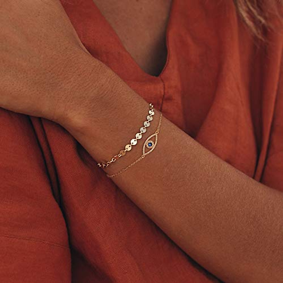 MTMY Evil Eye Bracelet for Women 14K Gold Plated Dainty Bracelets with Crystcal Adjustable Chain Cute Eye Bracelet Gold Jewelry for Her