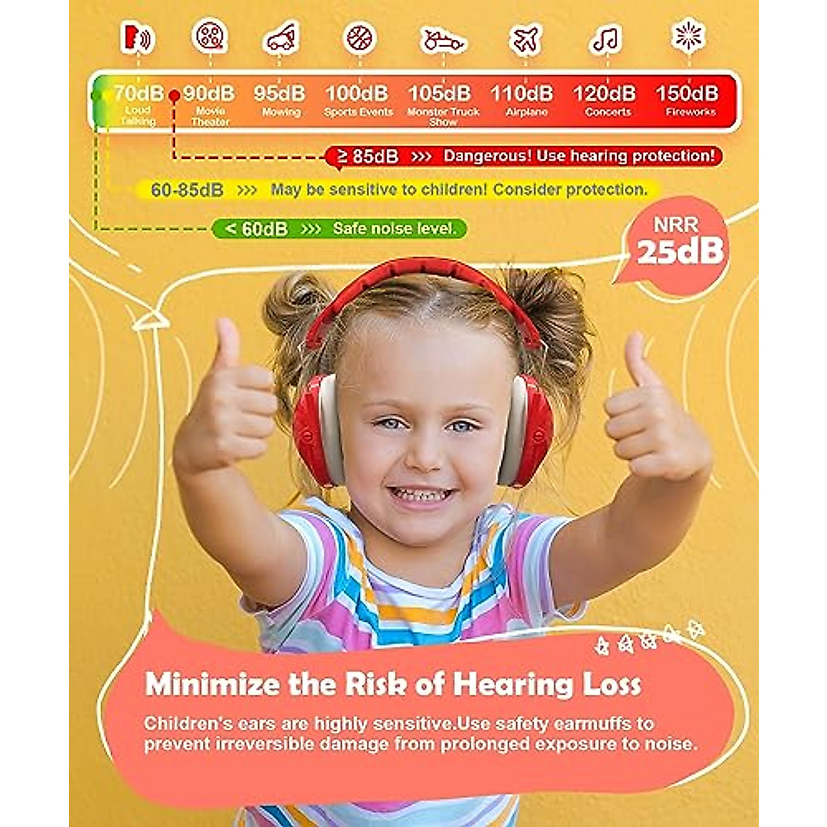 PROHEAR 032 2.0 Noise Cancelling Headphones for Kids - 25dB Noise Reduction - Adjustable Sensory Ear Protection Muffs for Concert, Fireworks, Monster Truck Shows, School - Red