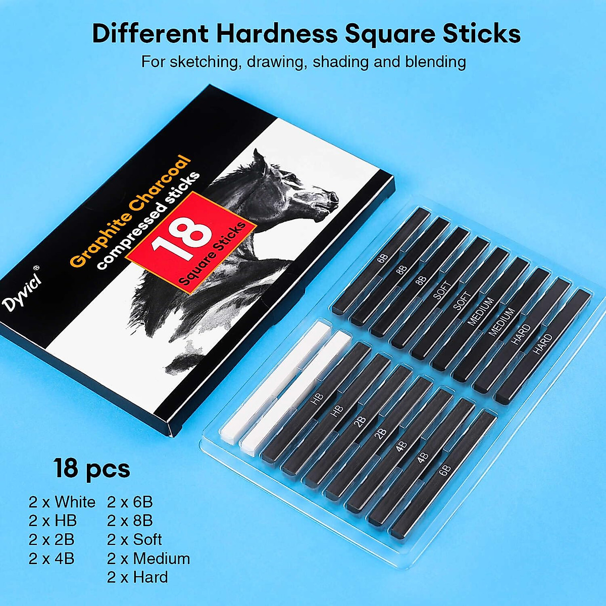 Dyvicl Compressed Graphite Charcoal Sticks, Square Black White Charcoal for Sketching, Drawing, Shading, Blending, Pack of 18