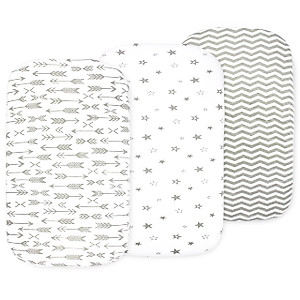 Baby Bassinet Sheet Set for Boy and Girl, 3 Pack Organic Universal Fitted for Oval, Hourglass & Rectangle Bassinet Mattress, Fitted Sheets Size 32 x 16 x 4 Inches, Grey-White