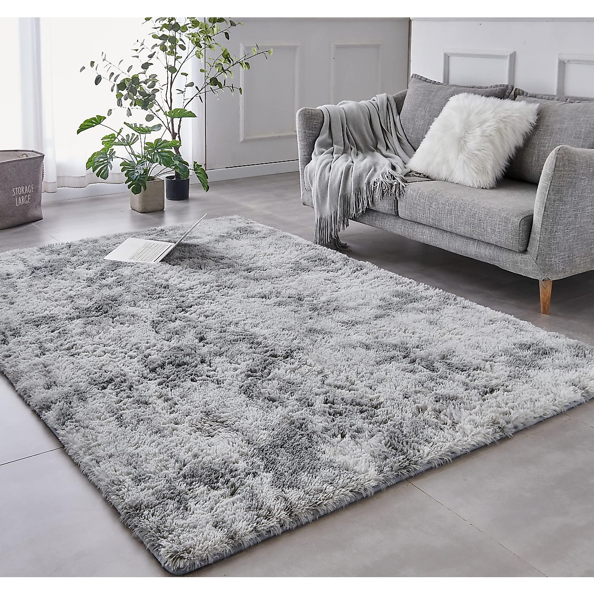 TABAYON Extra Large Shag Area Rug, 9x12 Feet Tie-Dyed Light Grey Indoor Ultra Soft Plush Rugs for Living Room, Non-Skid Modern Nursery Faux Fur Rugs for Home Decor