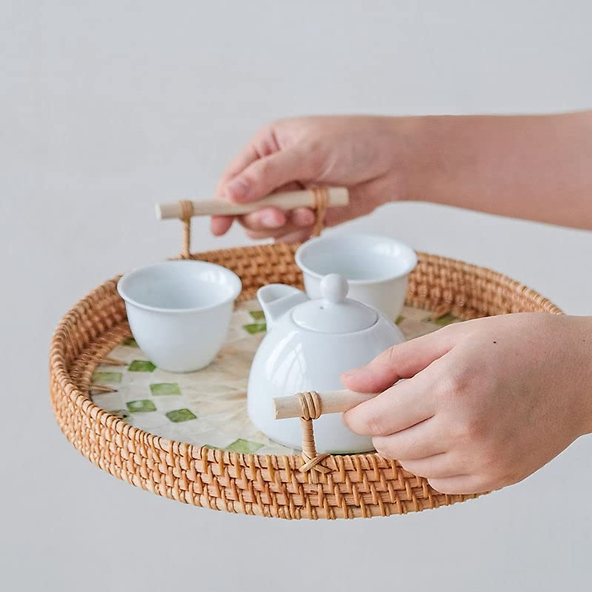 BAUHUS Set 3 Pack Round Rattan Wicker Tray with Mother of Pearl Inlay Wooden Handle for Fruit Serving, Coffee Table Tray, Vanity Tray Organizer for Kitchen, Storage and Display White Set 3