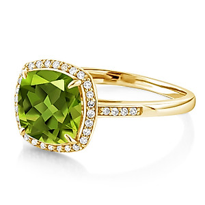 Gem Stone King 10K Yellow Gold Cushion Cut 8MM Gemstone Birthstone and Accent Diamonds Halo Engagement Ring For Women | Wedding Anniversary Promise Ring For Women | Available In Size 5, 6, 7, 8, 9