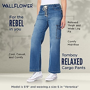 WallFlower Women's Tomboy Relaxed Cargo Denim Mid-Rise Insta Stretch Juniors Jeans, LT Carbon