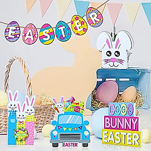 5 Pcs Easter Tiered Tray Decor Decorations Set, Farmhouse Easter Wooden Signs Table Centerpieces with Mini Easter Eggs Garland, Cute Easter Bunny Table Decor for Home Indoor Welcome Sign Easter Gift