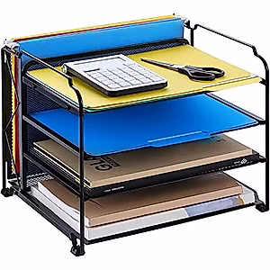 Ekisemio 4 Tier Mesh Document Trays with Vertical Upright Section for Hanging File Holders, Mesh Office Supplies Desk Organizer, Black